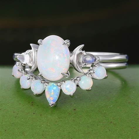 Oval Cut Opal Engagement Ring Set White Gold Band Bridal Set