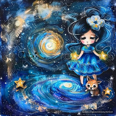 ai创作图星空女孩插画 梦幻星空宝宝 卡通星星女孩 卡通图案星空 天瓶座插画 宇宙女孩插画 水瓶座印花 星空卡通图案 星空地板画 太空小女孩