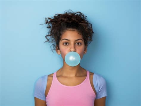 Beautiful Girl Blows A Big Bubble From Chewing Gum Detailed Face With