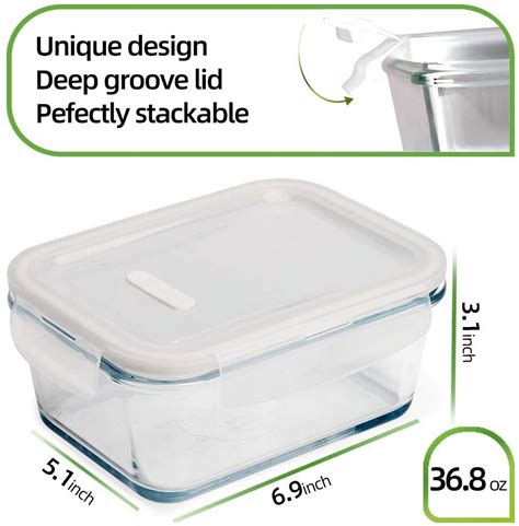 5 Pack 36oz Glass Food Storage Container Meal Prep Containers Reusable