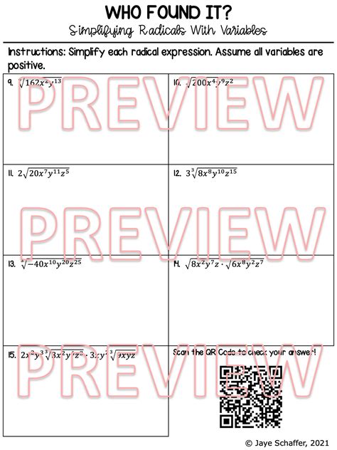Simplifying Radicals With Variables Clue Mystery Activity Made By
