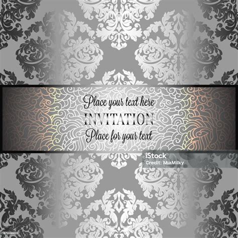 골동품 럭셔리 그레이와 금속 바로크 배경 실버 빈티지 프레임 빅토리아 배너 다 마스크 천 꽃 벽지 장식 초대 카드 바로크 스타일 패션 패턴 고대의에 대한 스톡 벡터 아트 및