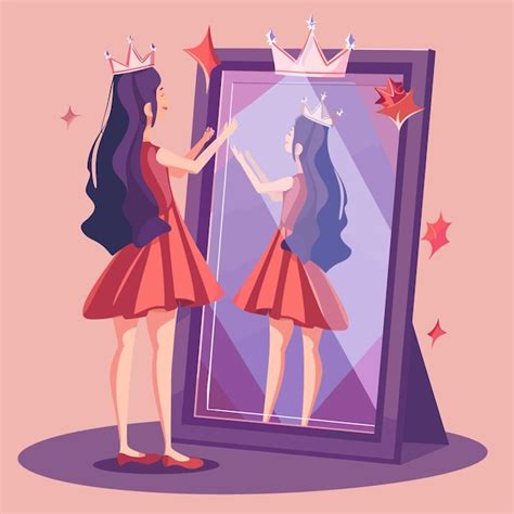 Uma Ilustração De Desenho Animado De Uma Menina E Um Espelho Com As