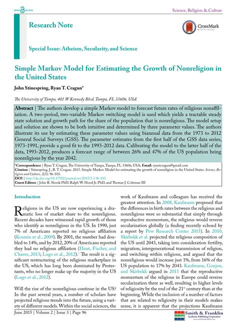 Pdf Simple Markov Model For Estimating The Growth Of Nonreligion In The United States