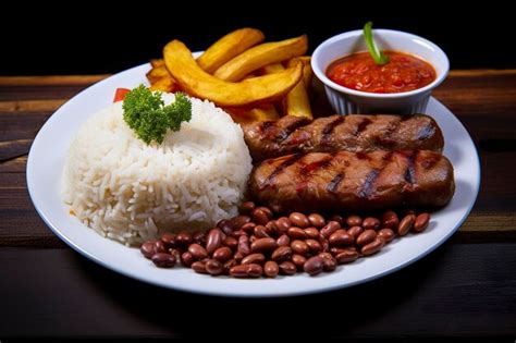 Arroz Frijoles Papas Fritas Y Carne Foto Premium