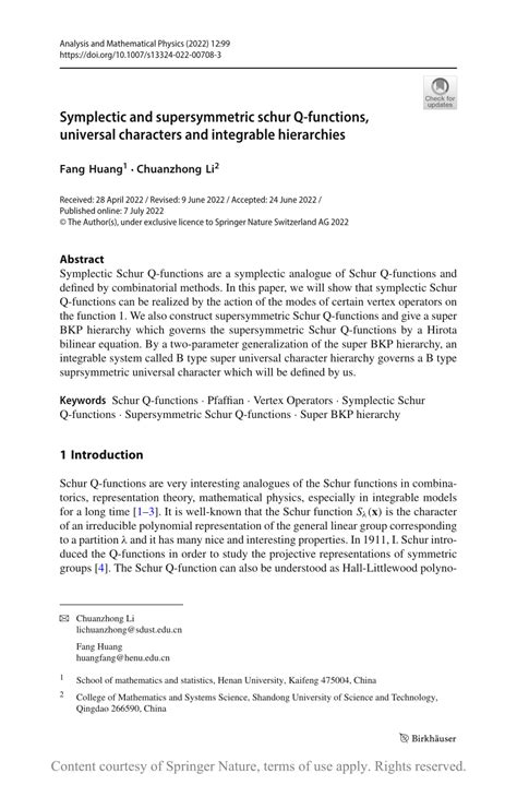 Symplectic And Supersymmetric Schur Q Functions Universal Characters And Integrable Hierarchies