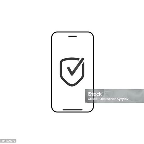 선형 스마트 폰 확인 표시가 있는 보안 방패 아이콘이 있는 휴대 전화 벡터 일러스트 레이 션 흰색 배경에 고립입니다 0명에 대한