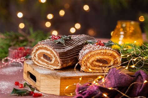 Premium Photo Traditional Christmas Cake Chocolate Yule Log With Festive Decorations