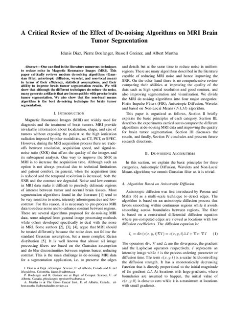 Pdf A Critical Review Of The Effects Of De Noising Algorithms On Mri Brain Tumor Segmentation