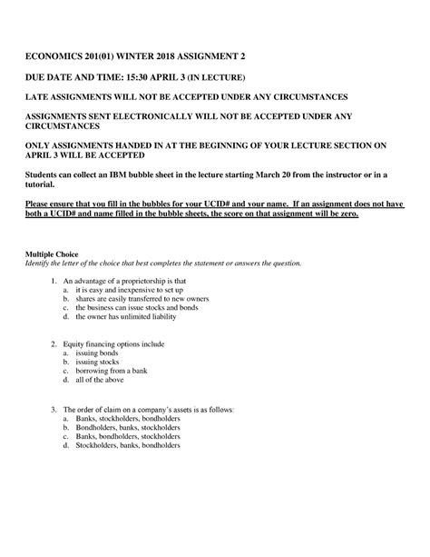 Assignment 2 Econ 201 ECONOMICS 201 01 WINTER 2018 ASSIGNMENT 2 DUE DATE AND TIME 15 30