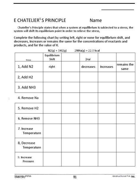 Le Chateliers Principle Worksheet Molagenchem12 Pdf