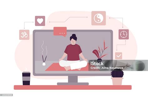 여성 캐릭터 참여 요가 온라인 워크숍 근력 균형 및 유연성을 향상시키기 위해 고안된 운동 온라인 요가를 하는 소녀 인터넷 코스 요가 교실 개념에 대한 스톡 벡터 아트 및