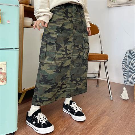 여성용 카고 롱 스커트 헐렁한 하이 웨이스트 진 하프 스커트 한국 패션 카무플라주 스커트 Y2k 의류 트렌드 Aliexpress