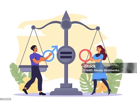 남자 또는 여자 거대한 샘 근처에 성별 표시가 있는 젊은 남자와 소녀 균형과 평등 직장 내 성차별을 멈춰라 평면 벡터 일러스트 레이 션 불균형에 대한 스톡 벡터 아트 및