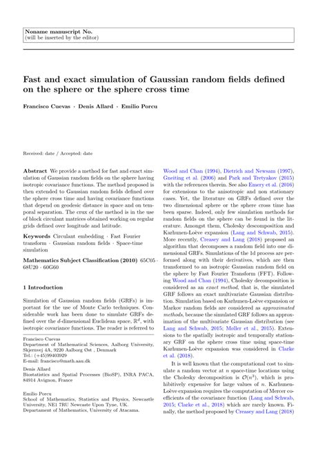 Pdf Fast And Exact Simulation Of Gaussian Random Fields Defined On The Sphere Cross Time
