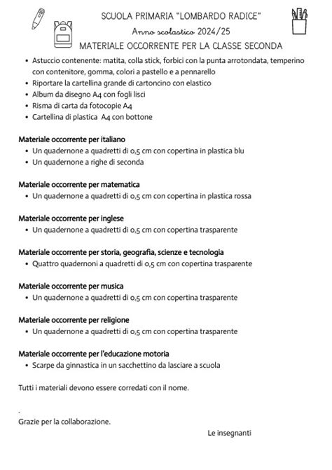 Lista Materiale Classe Seconda Genially