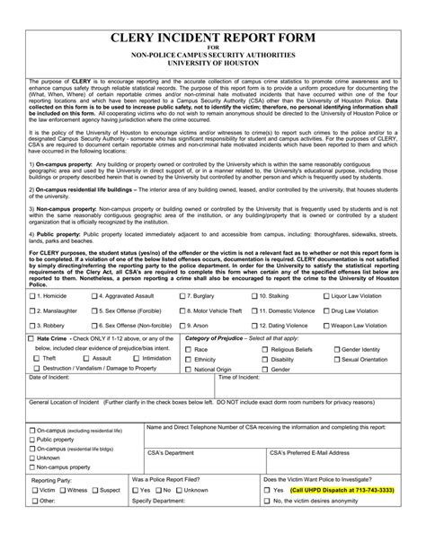 Clery Incident Report Form Non Police Campus Security Authorities