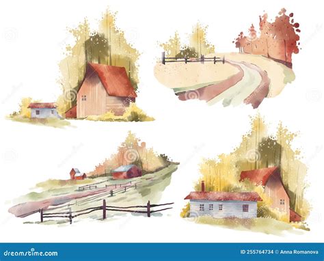 Watercolor Hand Drawn Set With Autumn Landscapes Colorful Season