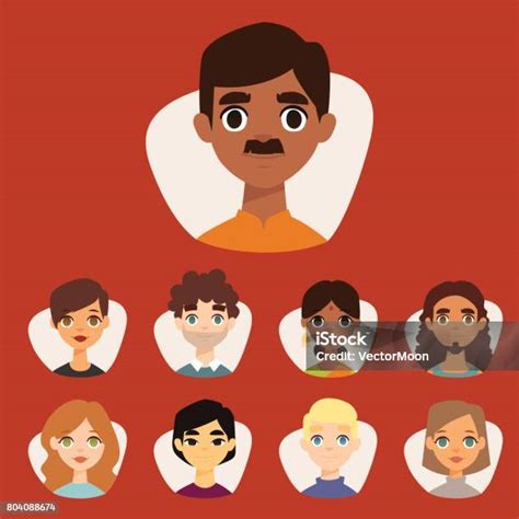 얼굴 특징 다른 국적의 옷과 헤어스타일 사람들이 문자 벡터 일러스트와 함께 다양 한 라운드 아바타의 세트 등장인물에 대한 스톡