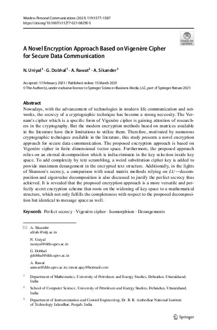 Pdf A Novel Encryption Approach Based On Vigenère Cipher For Secure