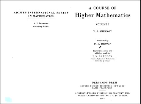 A Course Of Higher Mathematics Vol 1 V Smirnov ~ Best Books On Mathematics
