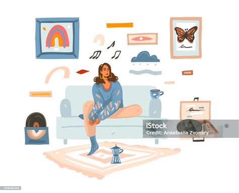 손으로 그린 벡터 추상적 인 스톡 그래픽 일러스트 그림 과 젊은 우울 한 여성 의자에 앉아 서 집에서 커피를 마시는 흰색 배경에 고립 가구에 대한 스톡 벡터 아트 및 기타