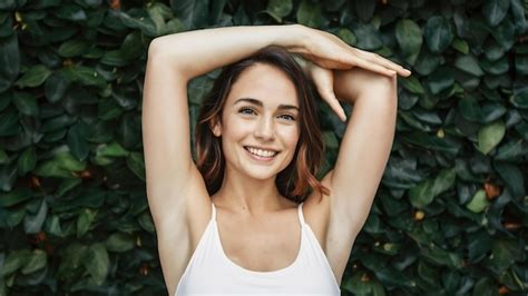 Premium Photo Young Woman Holding Her Arms Up And Showing Clean Underarms