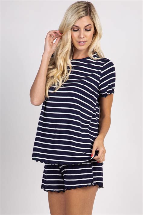 Navy Blue Striped Ruffle Trim Pajama Set Pinkblush