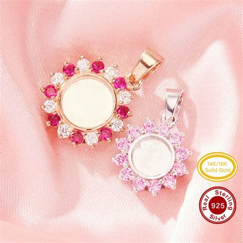 Solid 925 Silver Keepsake Color Birthstones Halo Round Pendant Bezel Settings Solid14K Gold