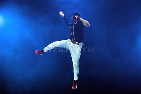 Baseball Player Throws Professional Baseball Player On Grand Arena Ballplayer On Stadium In