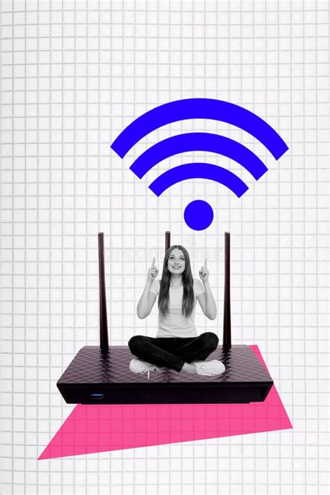 Vertical Collage Image Young Happy Cheerful Girl Sit Wifi Router