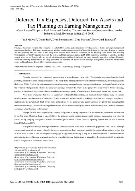 Pdf Deferred Tax Expenses Deferred Tax Assets And Tax Planning On