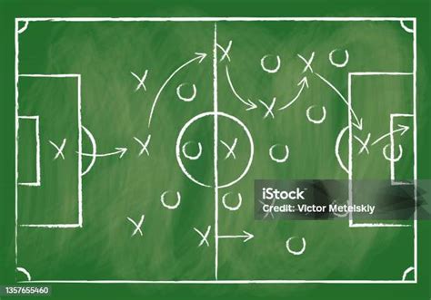 ゲーム戦略を持つサッカー場サッカー戦術計画スケッチコーチボード手描きのプレーヤー線と矢印を持つスキームベクターの図 サッカーのベクター