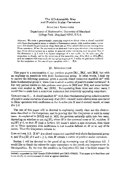 Pdf The Ko Assembly Map And Positive Scalar Curvature Jonathan