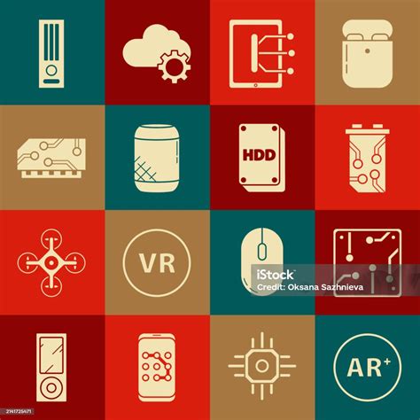 Ar 증강 현실 프로세서 비디오 그래픽 카드 태블릿 음성 비서 Ram 랜덤 액세스 메모리 게임 콘솔 및 하드 디스크 드라이브 Hdd 아이콘을 설정합니다 벡터 3차원 형태에