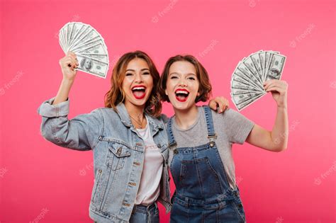Free Photo Emotional Pretty Two Women Friends Holding Money