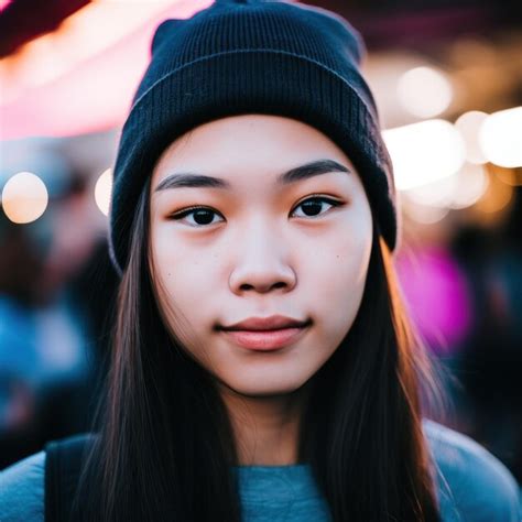 Premium AI Image A Woman Wearing A Beanie And Smiling