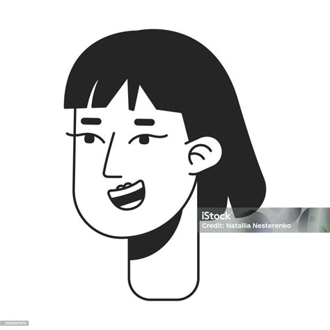 목 길이의 이발 단색 플랫 리니컬 캐릭터 머리를 가진 쾌활한 젊은 성인 여성 등장인물에 대한 스톡 벡터 아트 및 기타 이미지