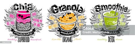 치아 푸딩 그래놀라 스무디의 벡터 세트는 흰색 배경에 글자를 새는 낙서 스타일로 아침 식사 옵션 건강한 식품 컨셉 라이프 스타일 아사이에 대한 스톡 벡터 아트 및 기타
