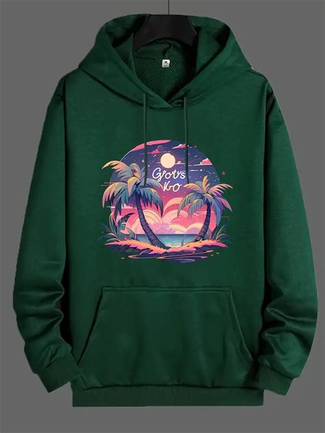 Coconut Tree Print Kangaroo Pocket Hoodie Casual Long Sleeve Temu