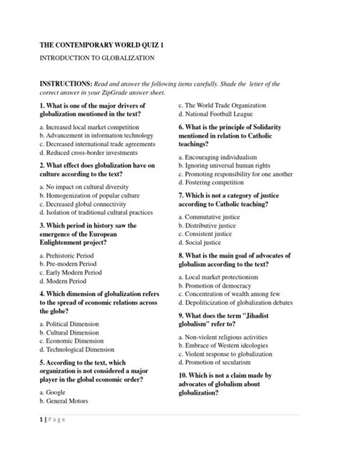 Contempworld Quiz 1 Introduction To Globalization Pdf Globalization Multiculturalism