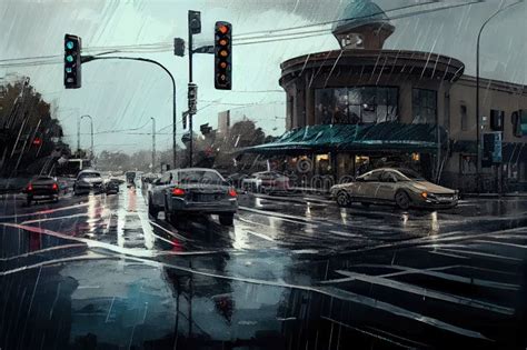City Street Intersection Rainy Day With View Of Traffic Lights And