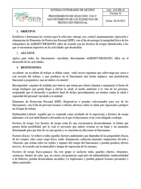 Sst Pr 10 Procedimiento De Selección Uso Y Mantenimiento De Los