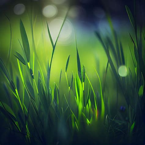 Beautiful Texture Green Meadow Grass With Dew Drops Close Up Abstract