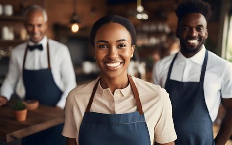 Premium Ai Image A Woman Worker Smiling In Front Of Store In Blur