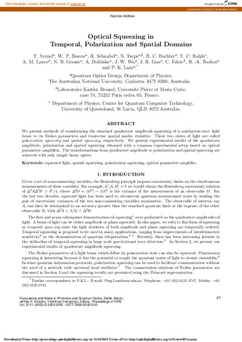 Pdf Optical Squeezing In Temporal Polarization And Spatial Domains
