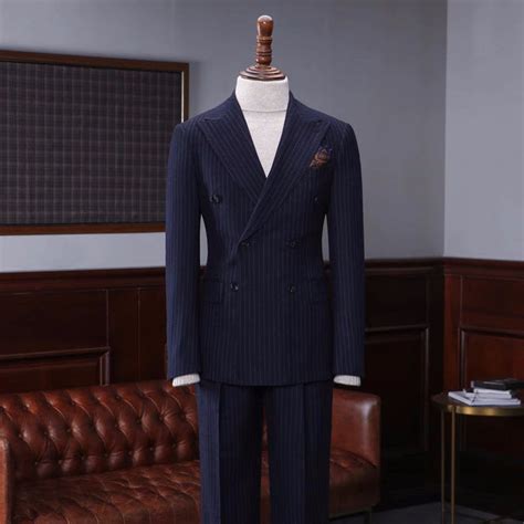 Navy Blue Striped Double Breasted Suit 3 Piece Bridelily