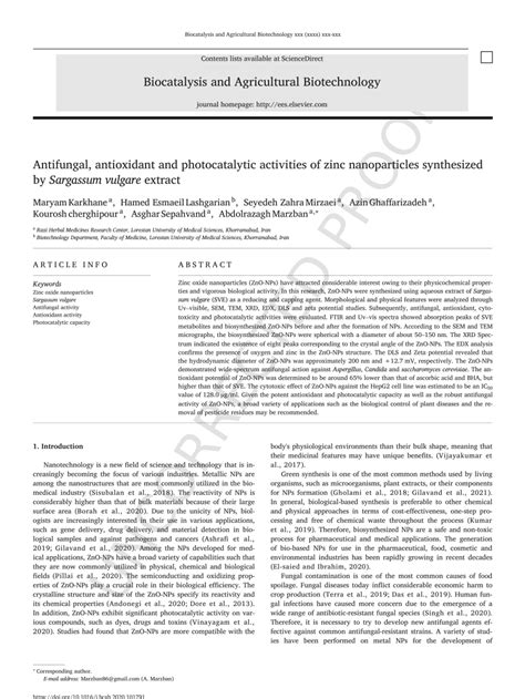Pdf Antifungal Antioxidant And Photocatalytic Activities Of Zinc