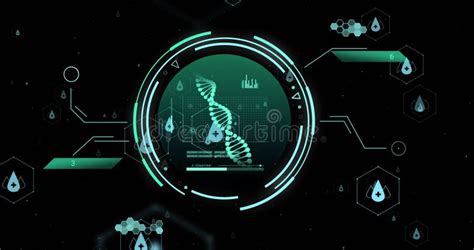 dna strand and data analysis animation over futuristic digital