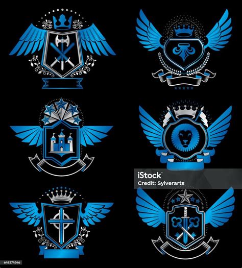 명품 전 령 벡터 템플릿 집합입니다 벡터 기호 Blazons 그래픽 요소 로얄 크라운 중세 성곽 병기 및 종교 십자가 사용 하 여 만든 컬렉션입니다 구도에 대한 스톡 벡터